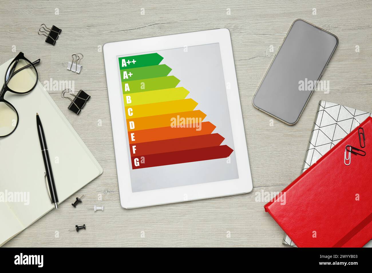 Energy efficiency rating on tablet display. Flat lay composition on ...