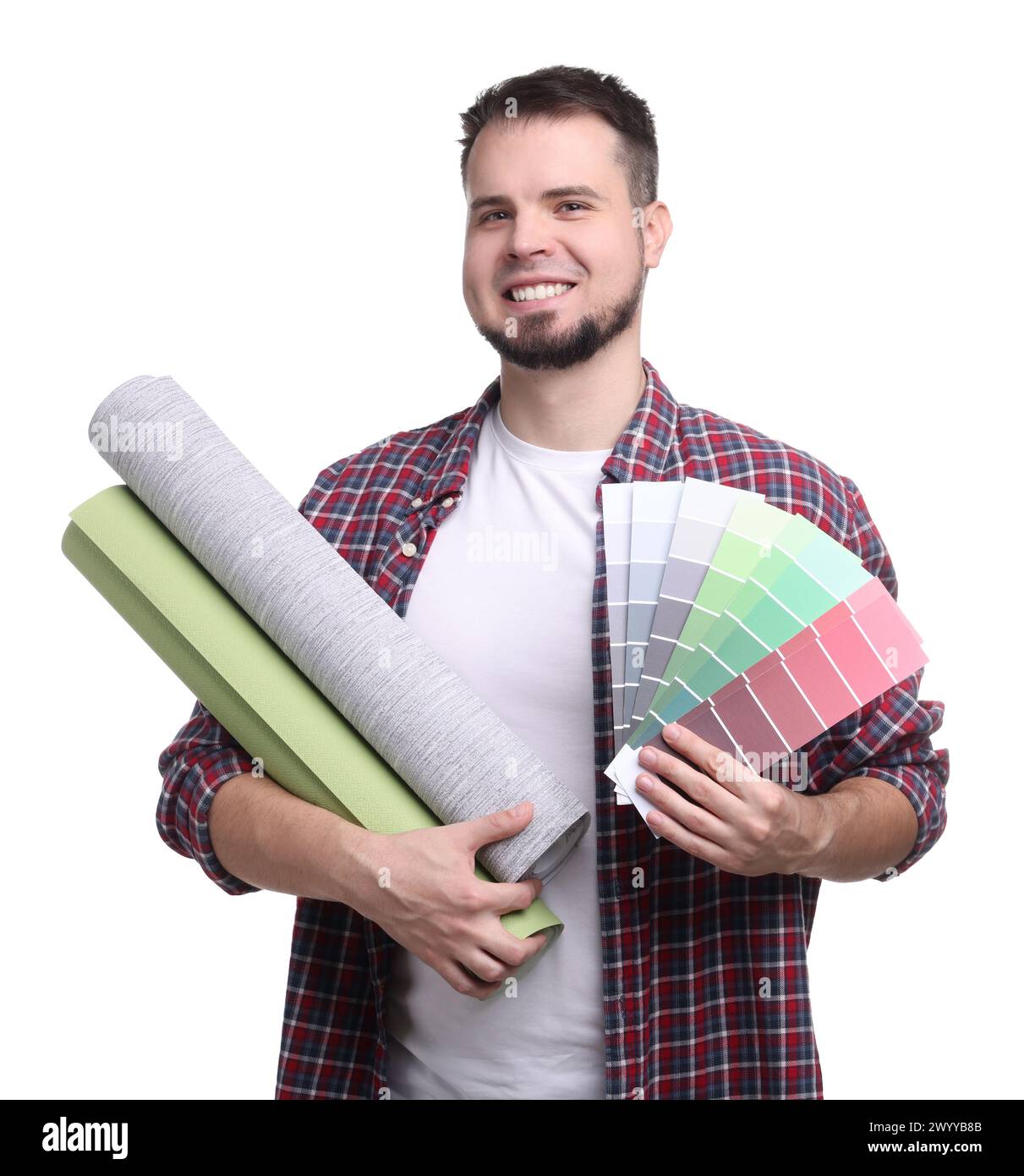 Man with wallpaper rolls and color palette on white background Stock ...