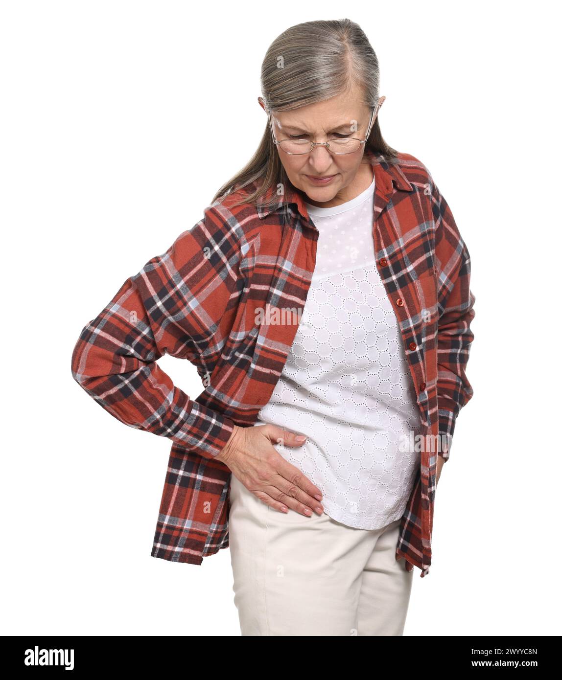 Arthritis symptoms. Woman suffering from hip joint pain on white ...