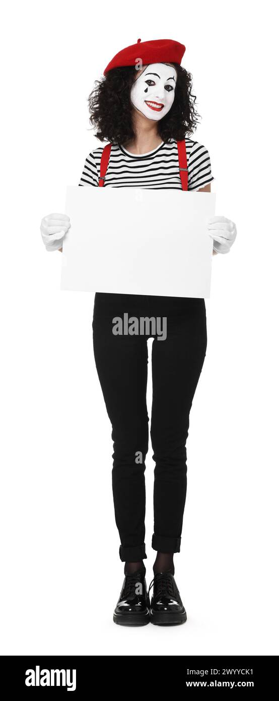 Funny mime with blank sign posing on white background Stock Photo - Alamy