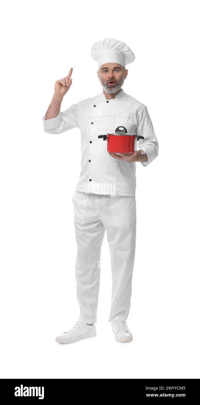 Surprised chef in uniform with cooking pot pointing at something on ...
