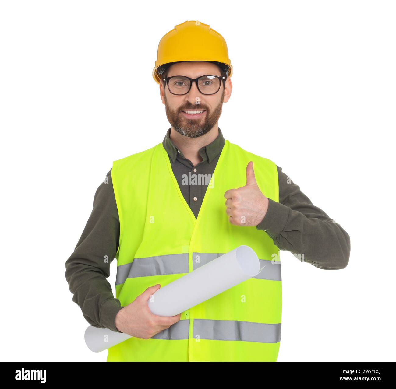 Architect in hard hat with draft showing thumbs up on white background ...