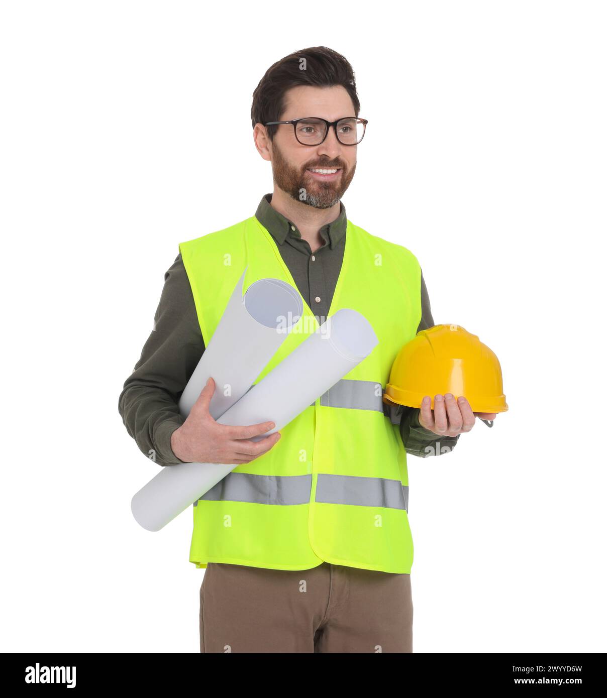 Architect with drafts and hard hat on white background Stock Photo - Alamy