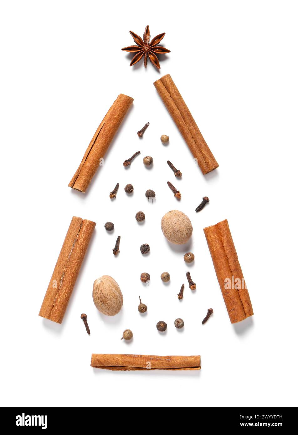 Christmas tree made of different spices on white background, top view ...