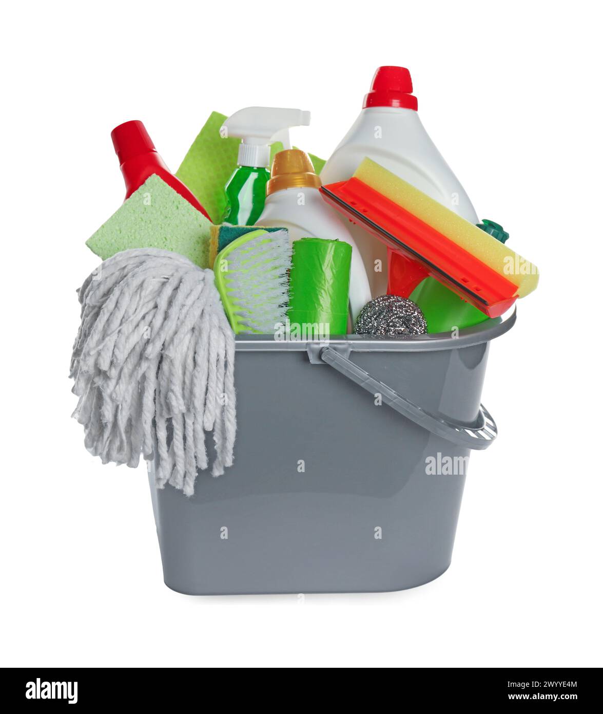 Different cleaning products in bucket isolated on white Stock Photo - Alamy
