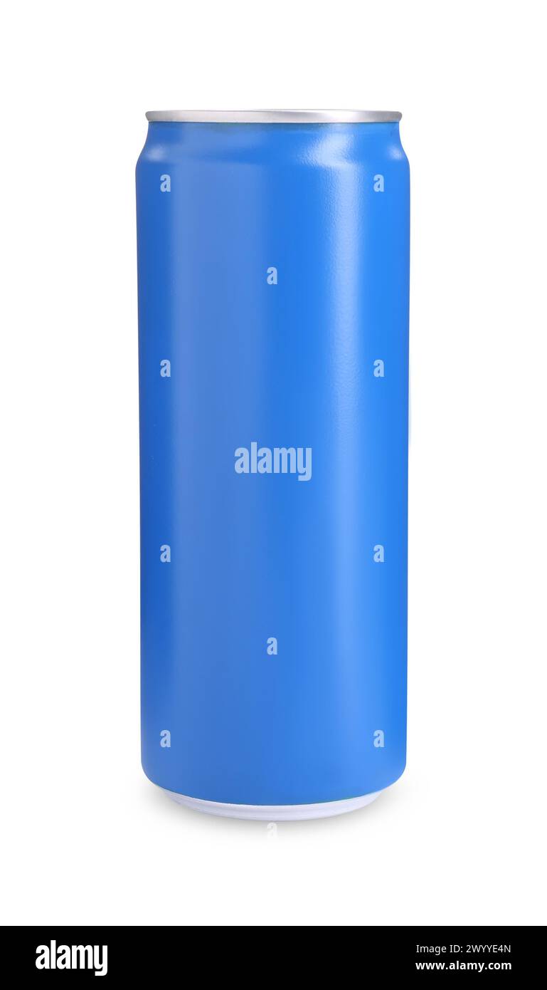 Energy drink in blue aluminum can isolated on white Stock Photo - Alamy