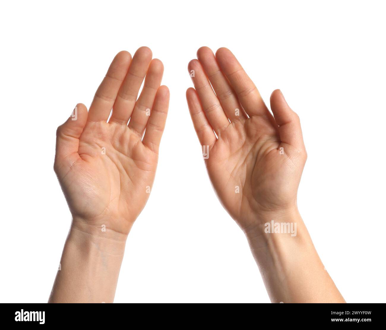 Religion. Woman with open palms praying on white background, closeup ...