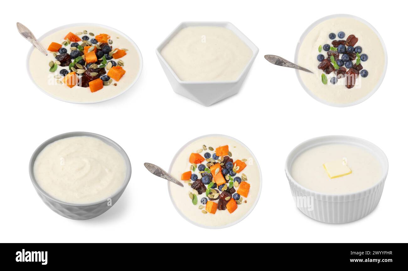 Set of cooked semolina porridge in bowls on white background Stock ...
