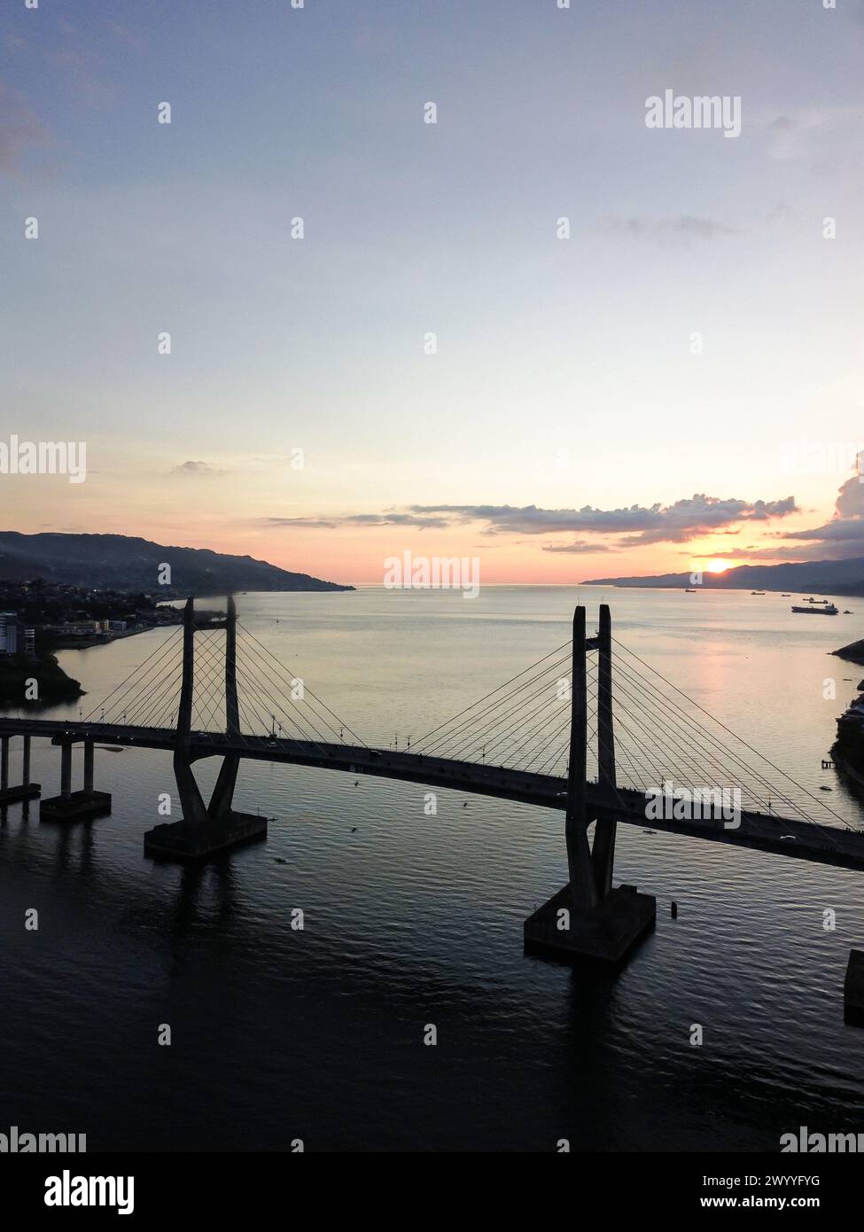 Aerial View of Iconic Merah Putih Cable Stayed Bridge accross Ambon Bay ...
