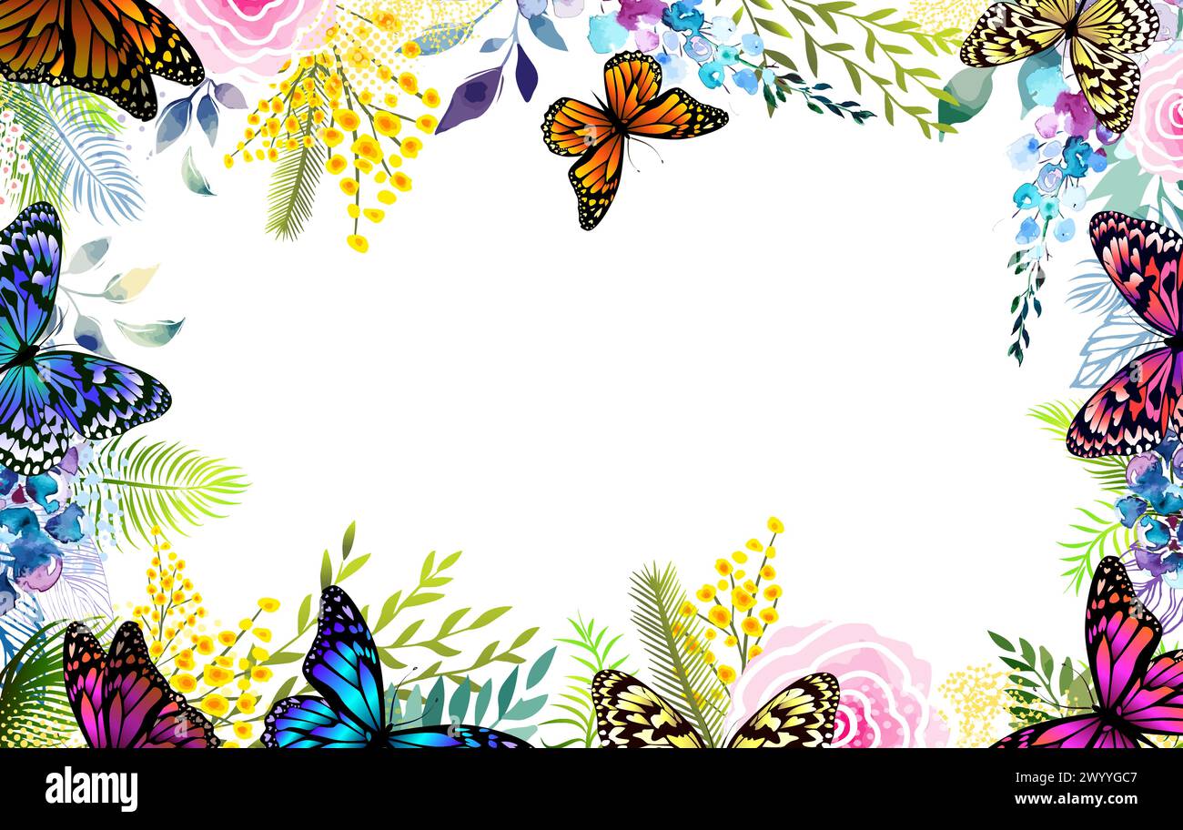Horizontal floral frame with with butterflies. Spring wreath of the ...