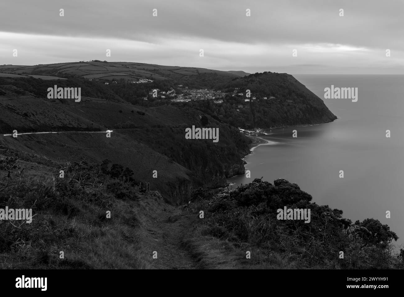 View from Countisbury Hill of Lynton and Lynmouth in Devon at night ...