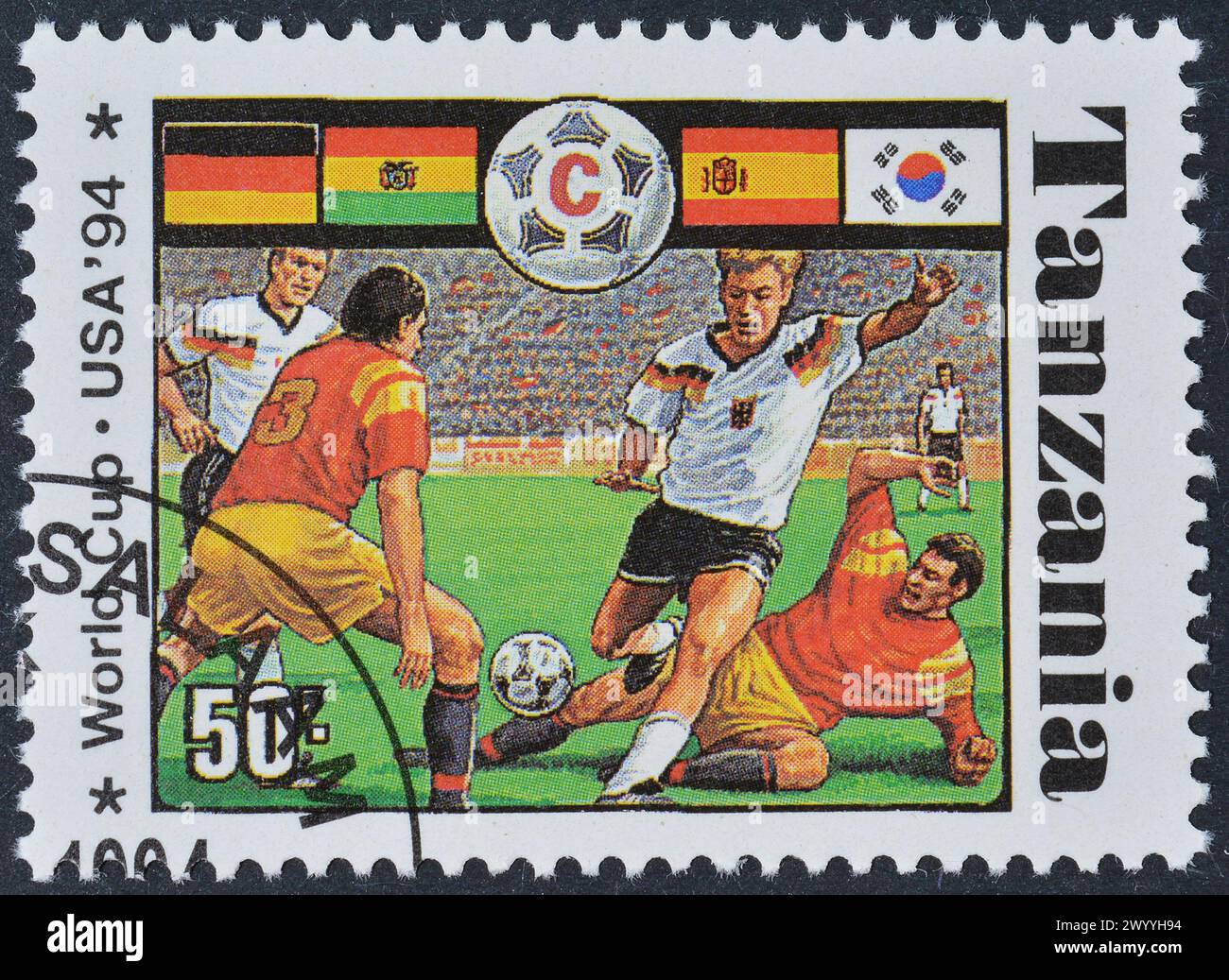 Cancelled postage stamp printed by Tanzania, that shows FIFA World Cup ...