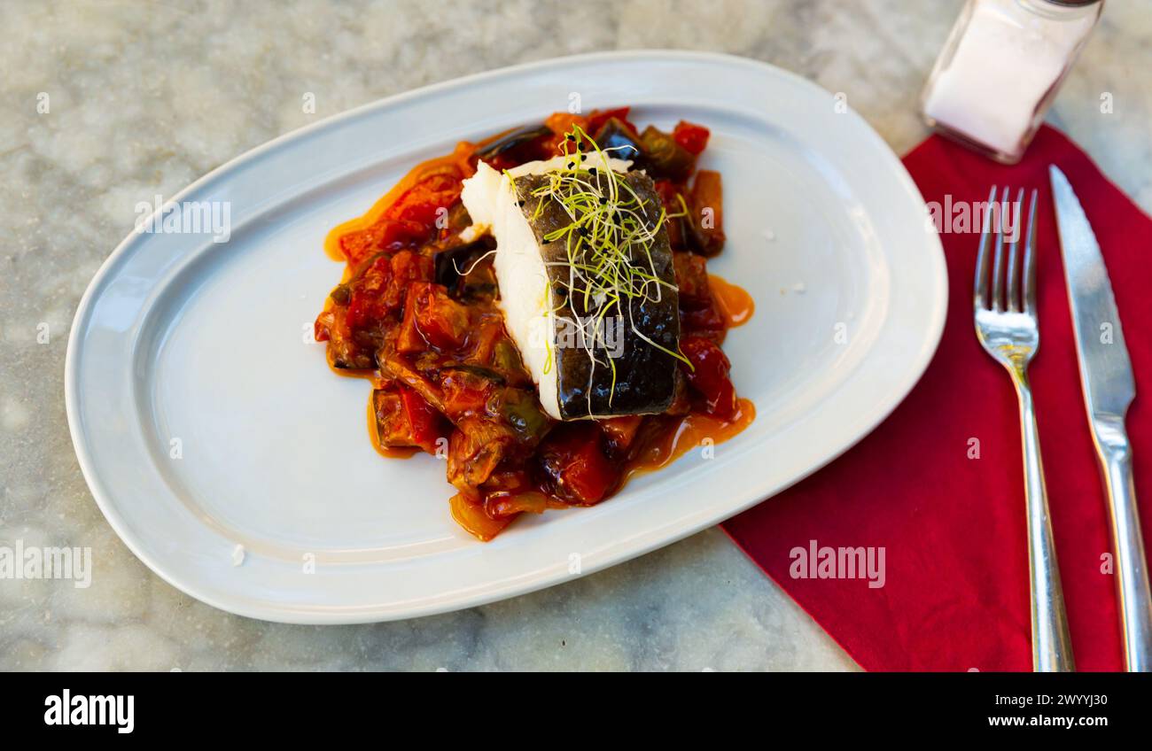 traditional mediterranean atlantic cod with ratatouille for lunch Stock ...