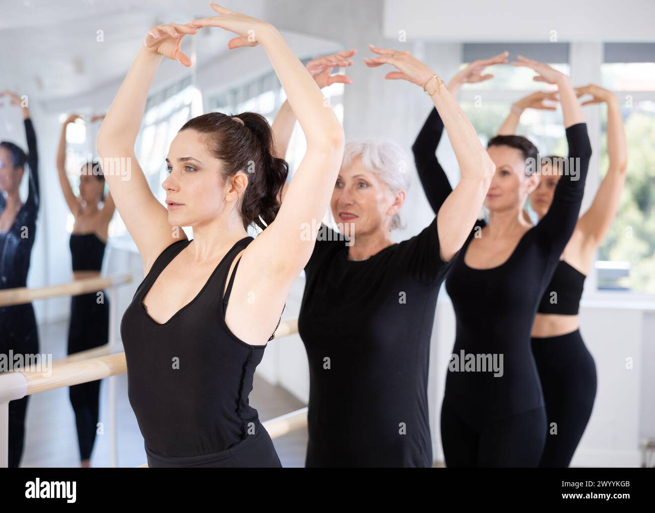 Girls in ballet class perform fifth position with participation of ...