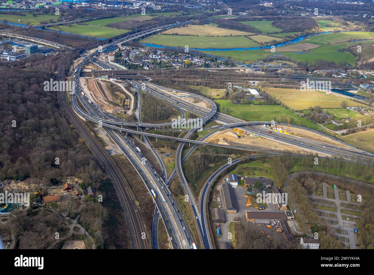 Aerial view, interchange Kaiserberg of the highways A40 and A3 with ...