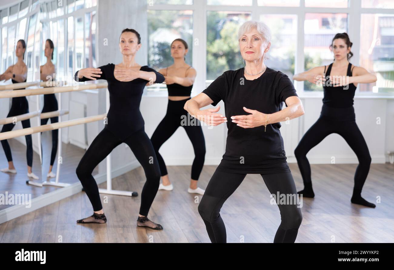 Group of dancers standing in grand plie ballet position in fitness room ...