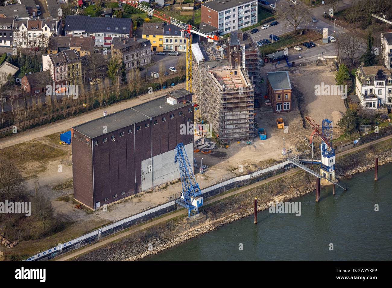 Aerial view, construction site renovation at the Plange Mühle on the ...