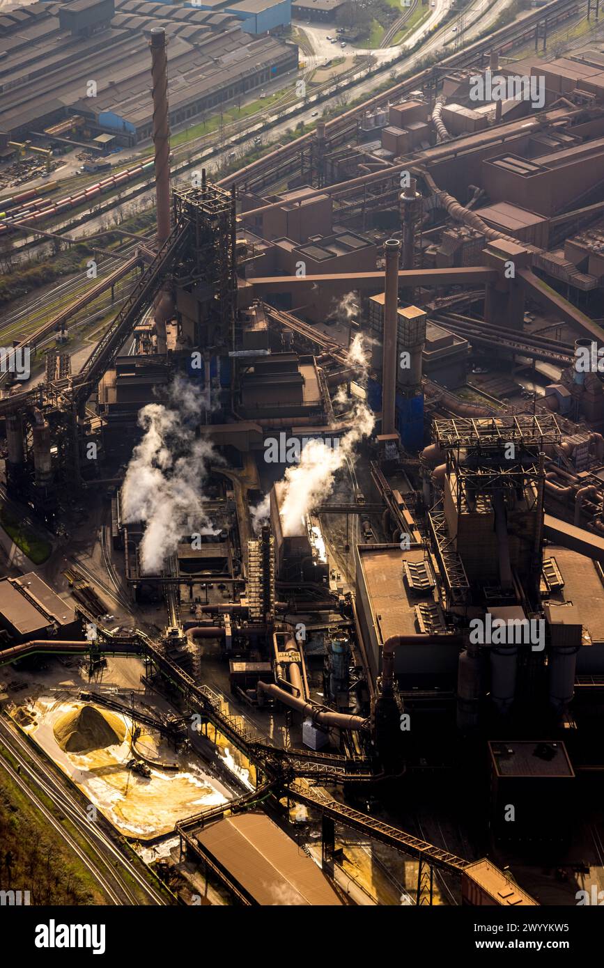 Aerial view, thyssenkrupp Steel Europe AG plant, close-up with smoke ...