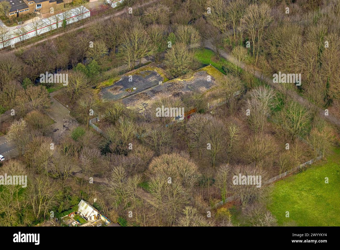 Aerial view, indoor swimming pool parking lot in the forest ...