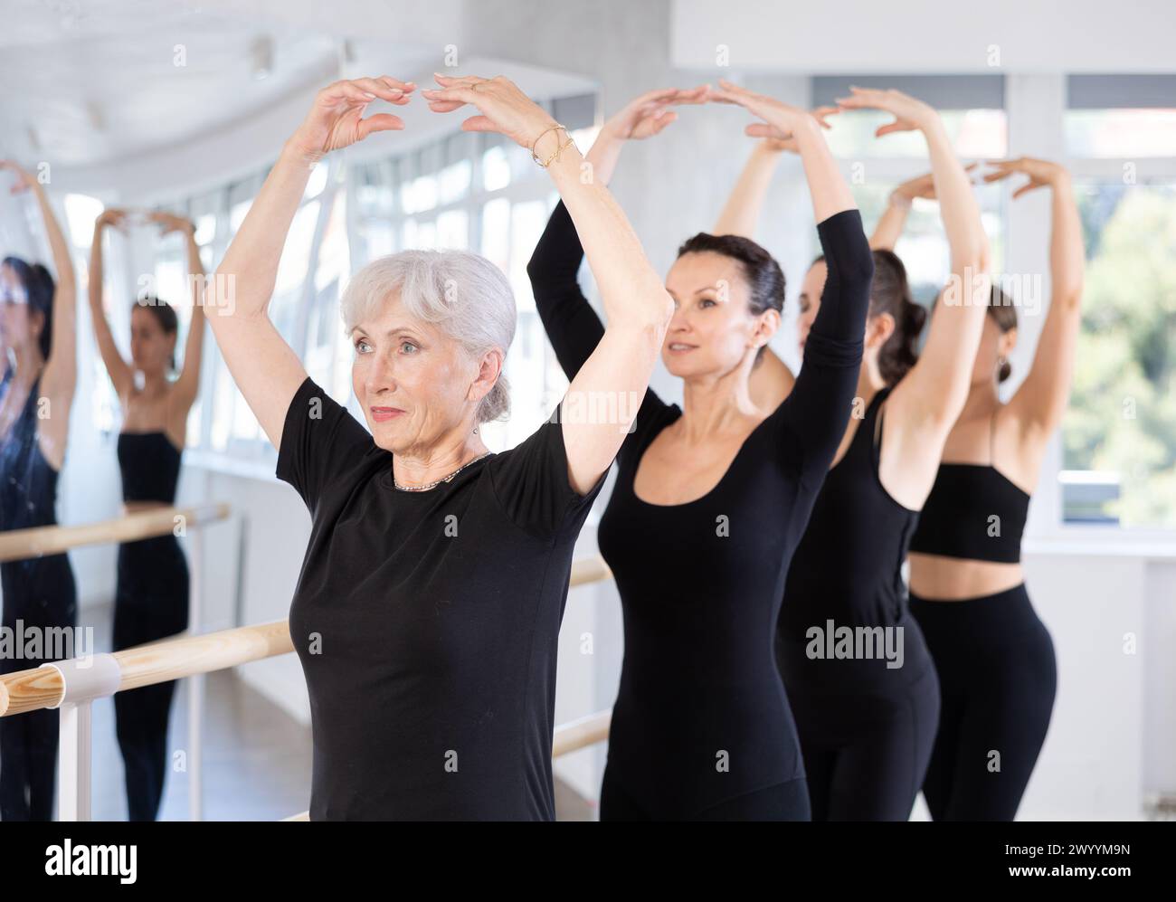 Group of women stand in position at ballet barre Stock Photo - Alamy