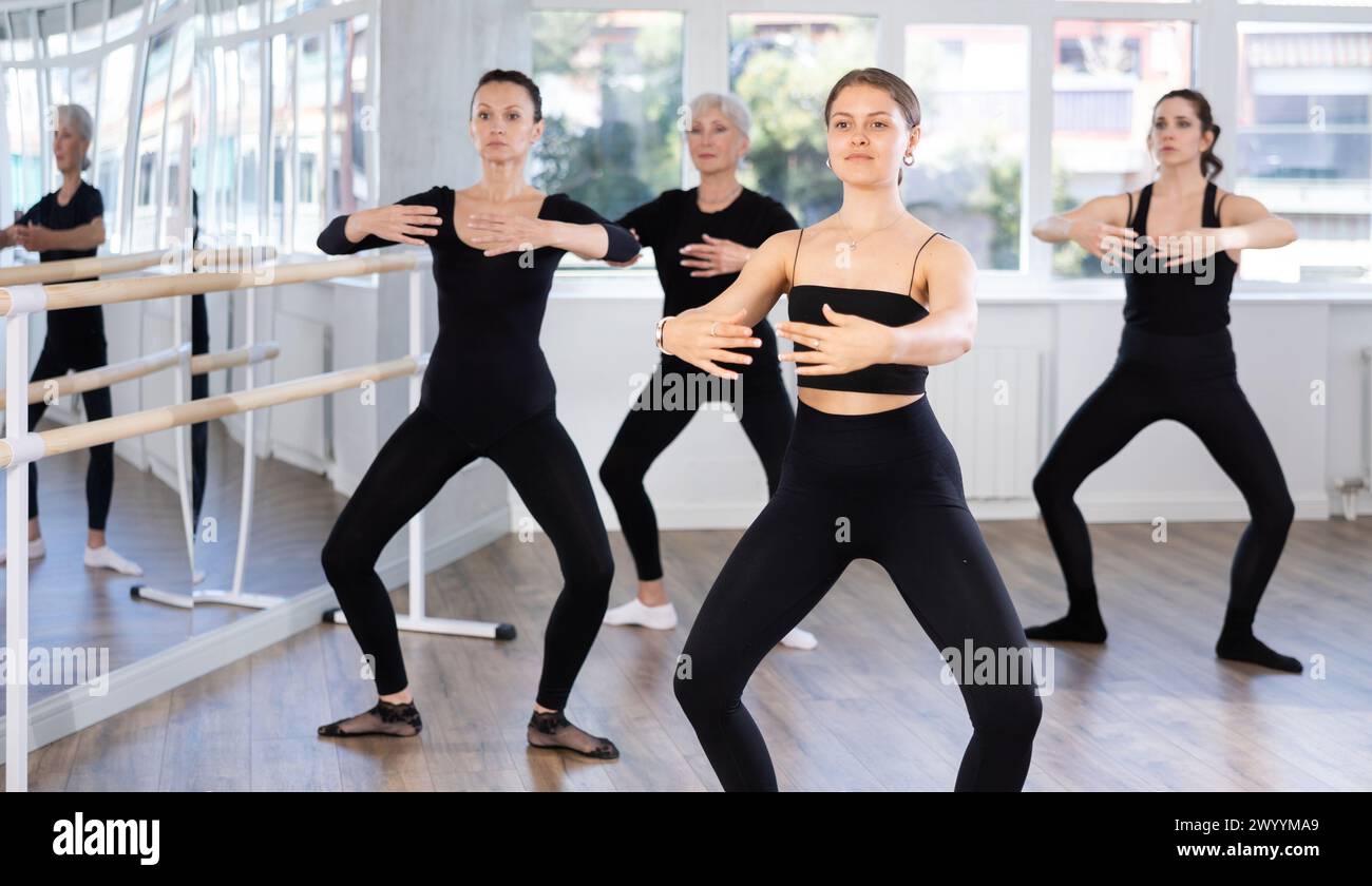 Group of dancers standing in grand plie ballet position in fitness room ...
