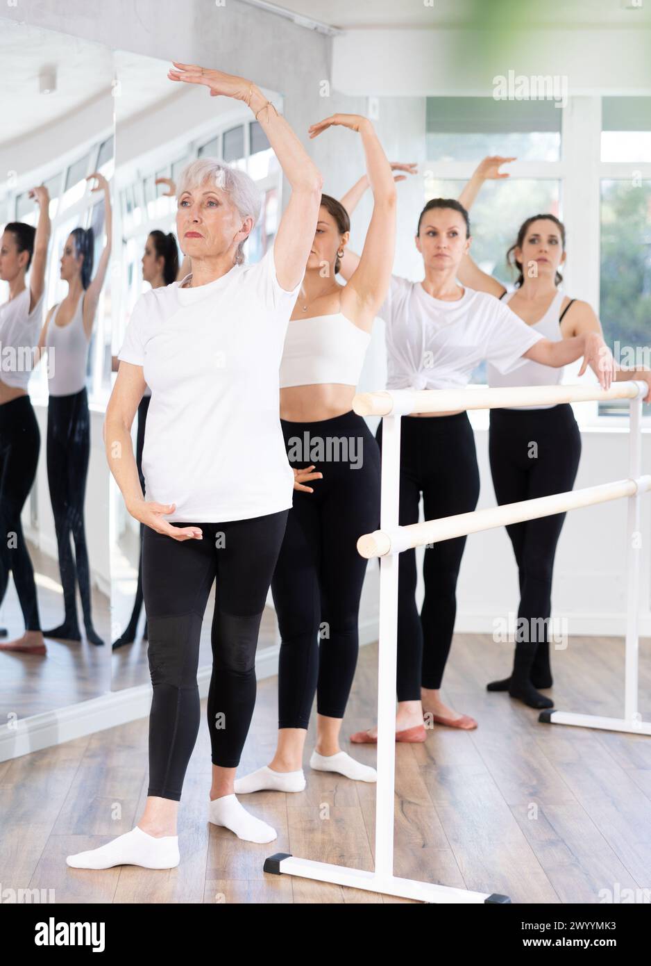 Girls in ballet class perform forth position with participation of ...