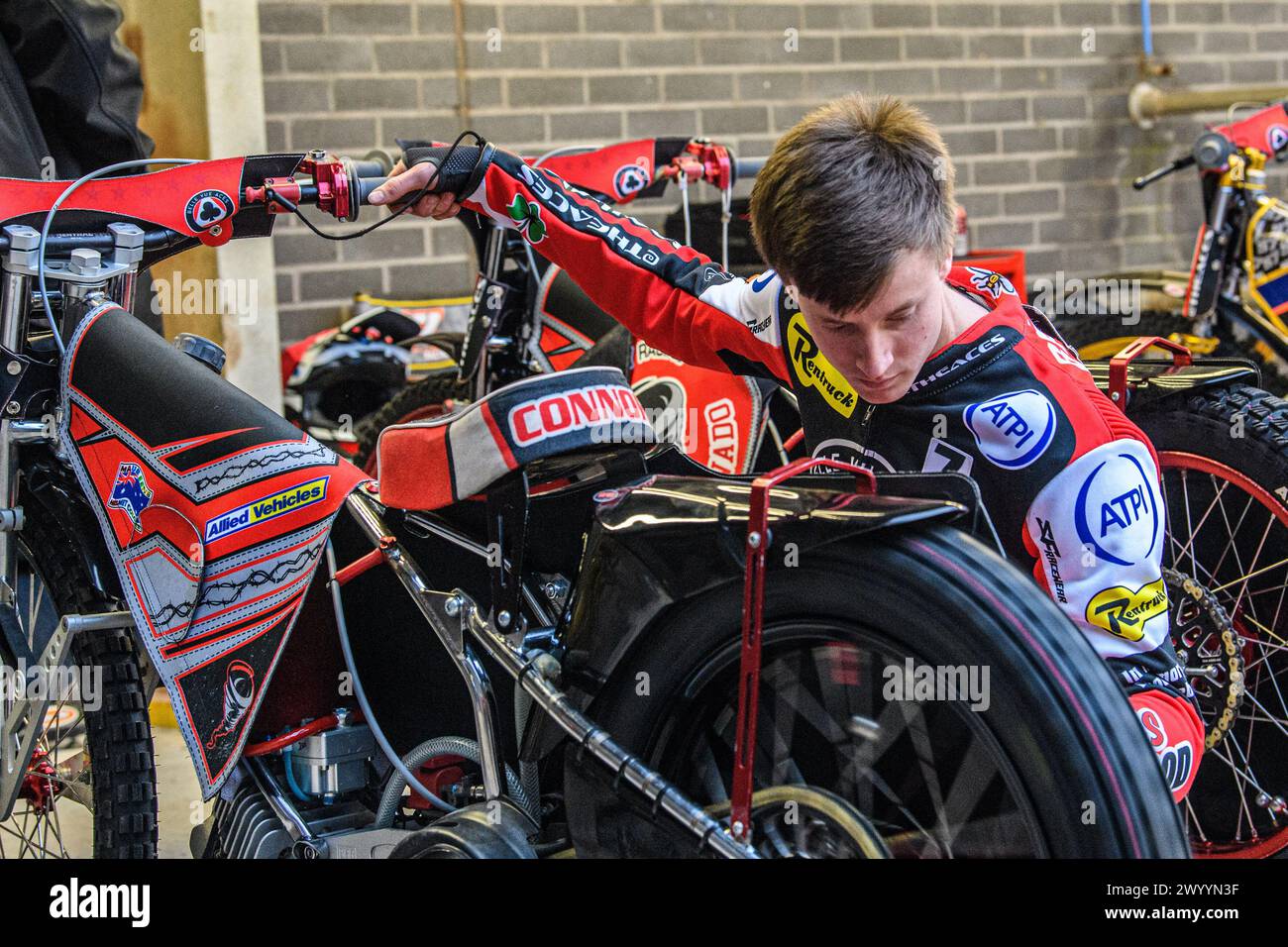 Connor Bailey of Belle Vue Aces warms up his bike during the Rowe Motor ...