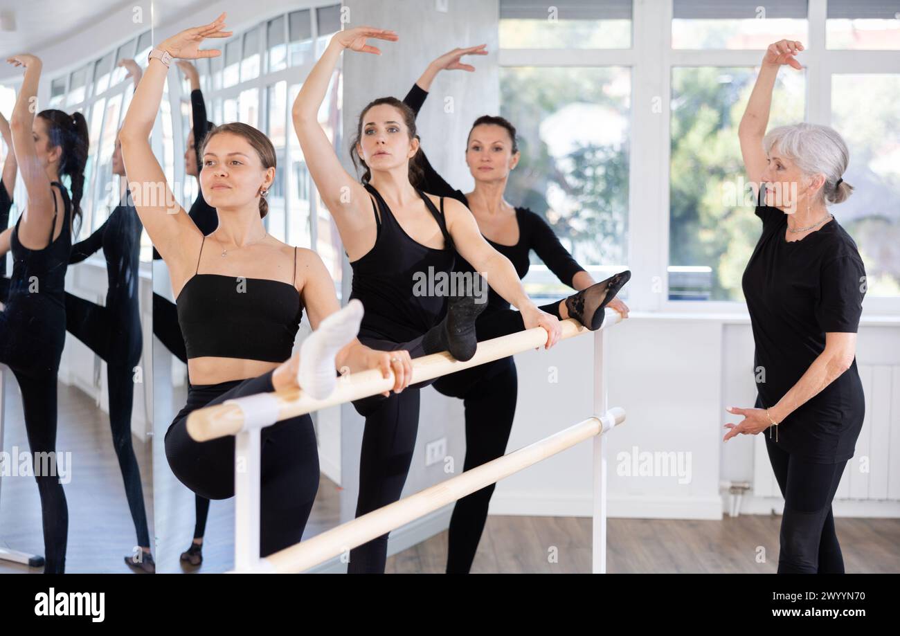 Graceful girl mastering developpe at barre in ballet class Stock Photo ...
