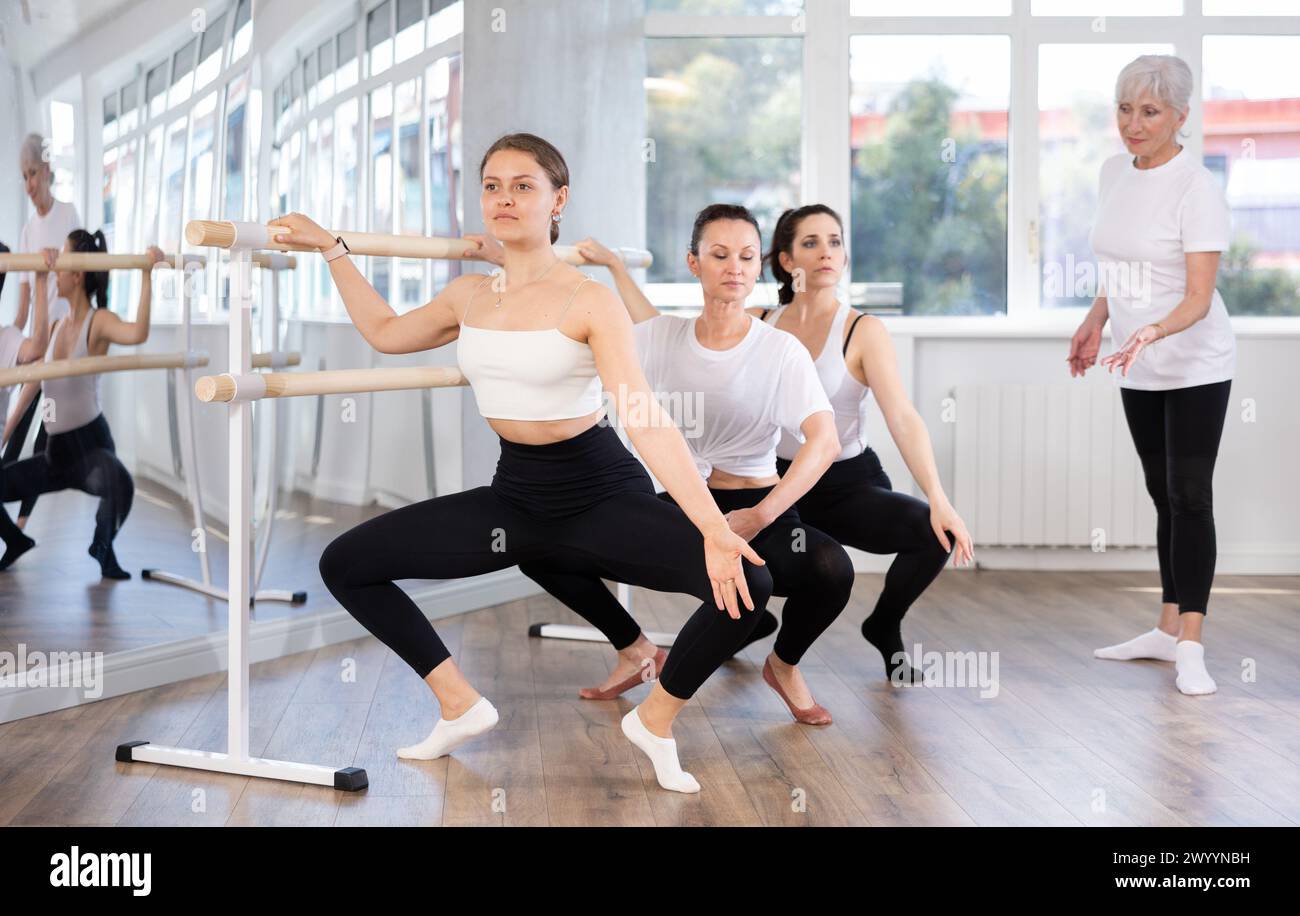 Young female ballet dancer practicing grand plie at barre Stock Photo ...