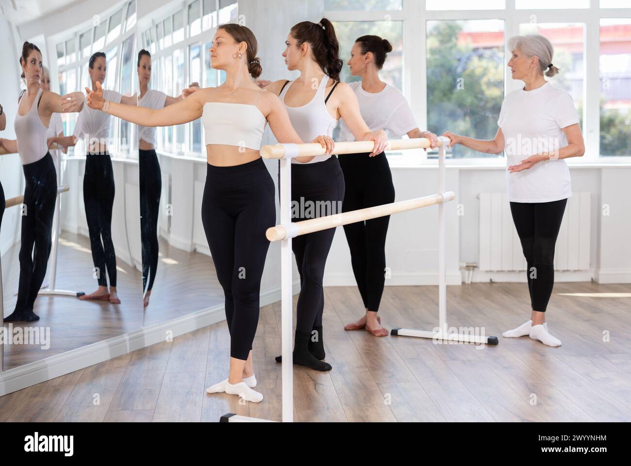 Women practicing ballet moves at barre during group class Stock Photo ...