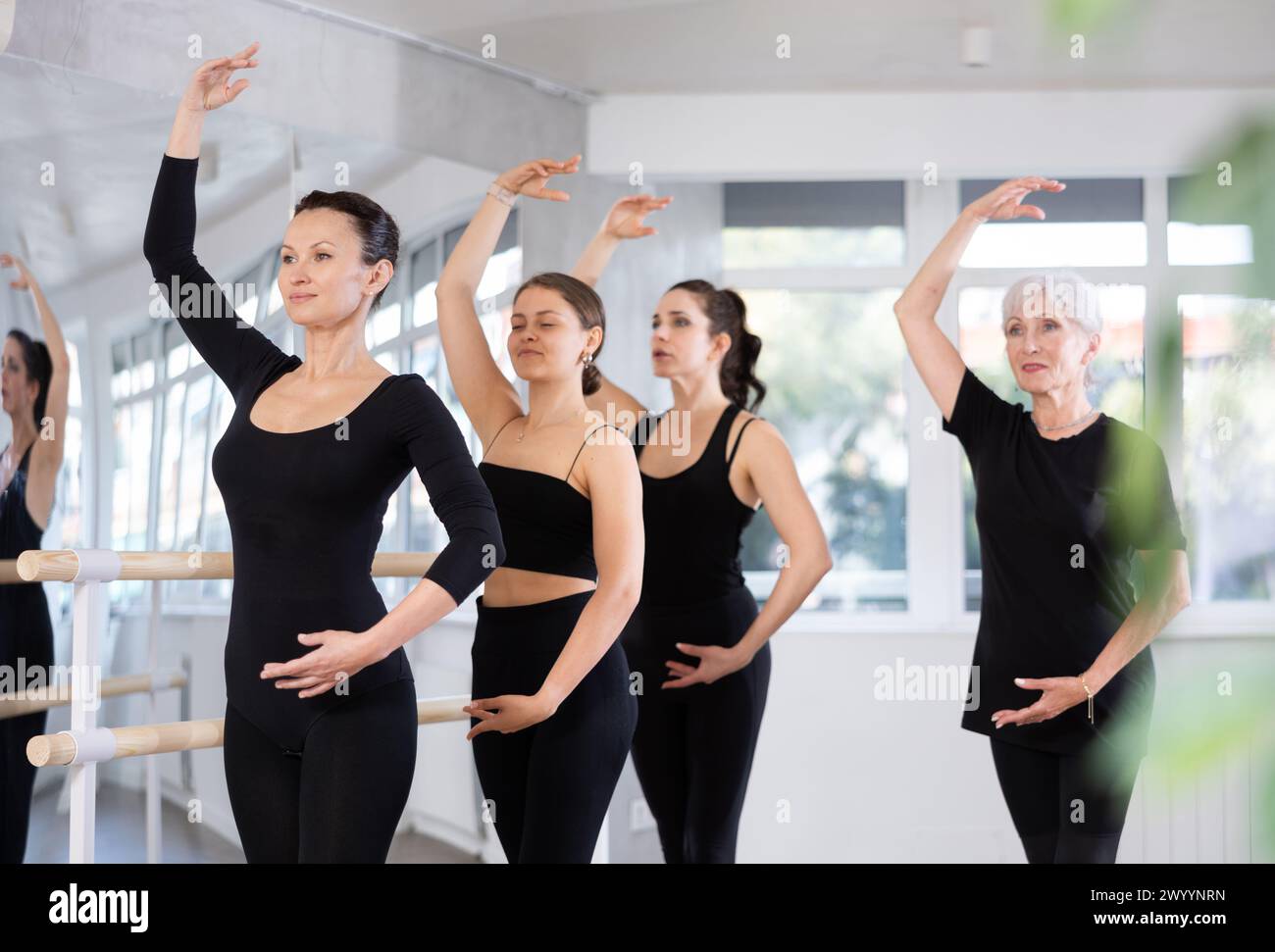 Group of ballet dancers learn new moves under the guidance of an ...