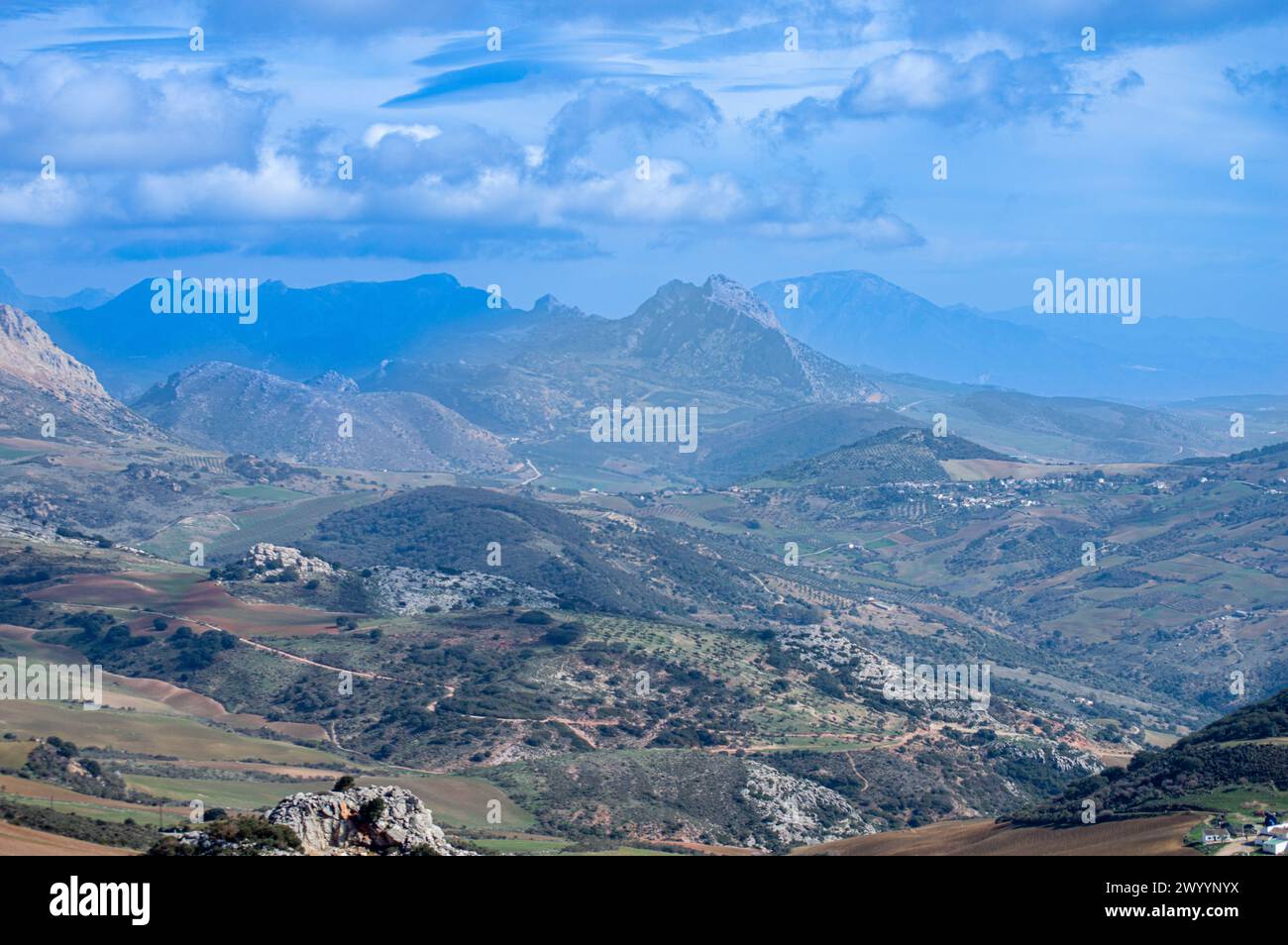 Panoramic view from road to Antequerra National Park, limestone rock ...