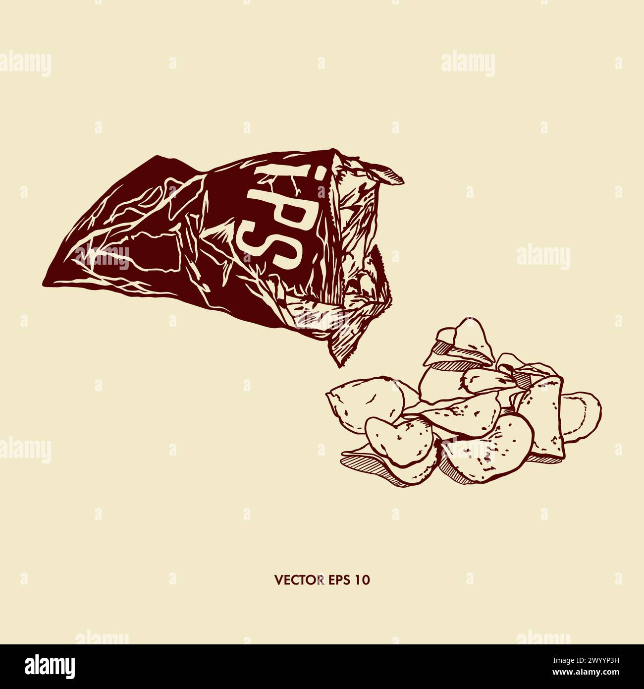 Potato chips, loose pieces, bag of snacks. Hand drawn vector ...