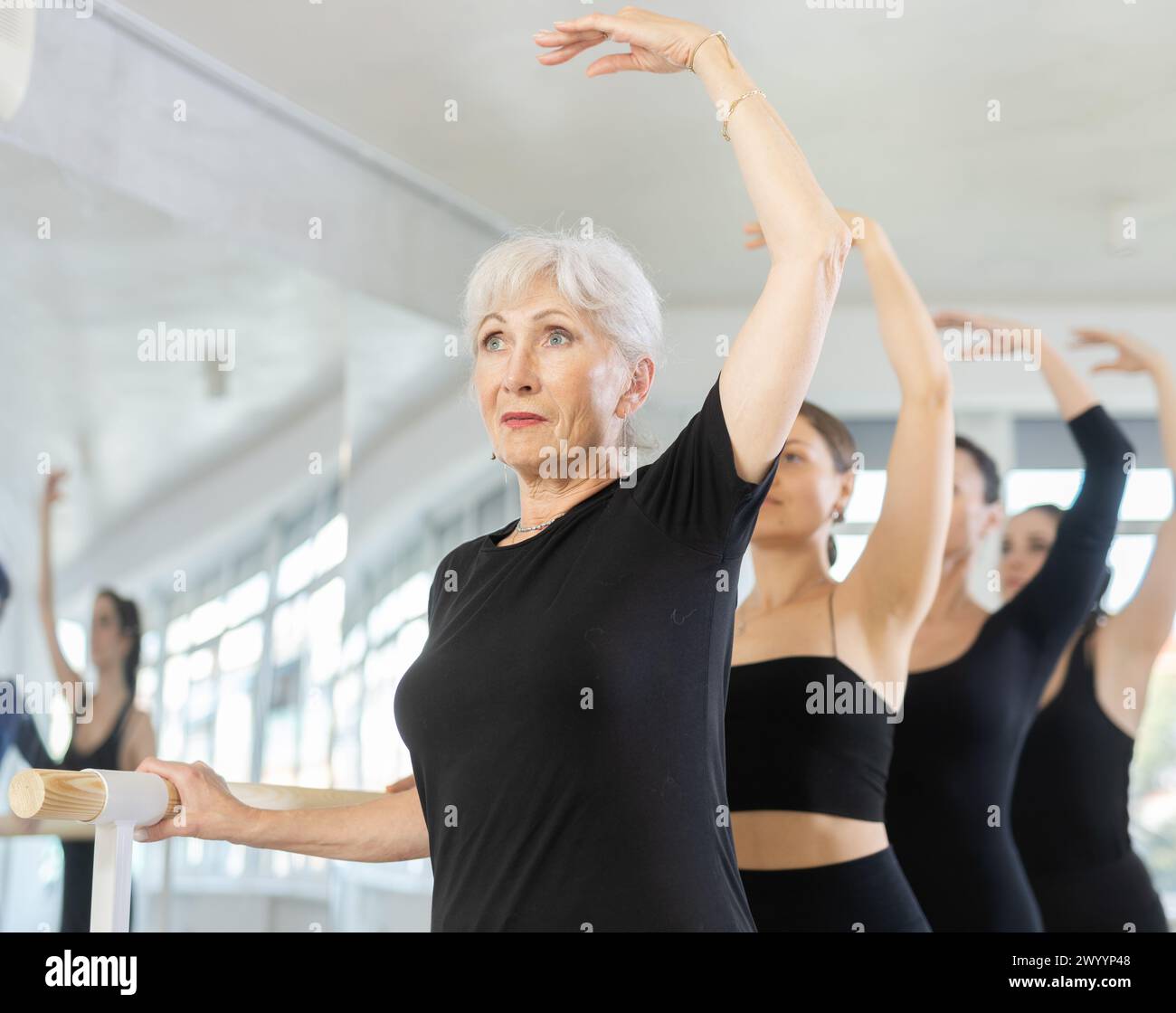Girls in ballet class perform third position with participation of ...