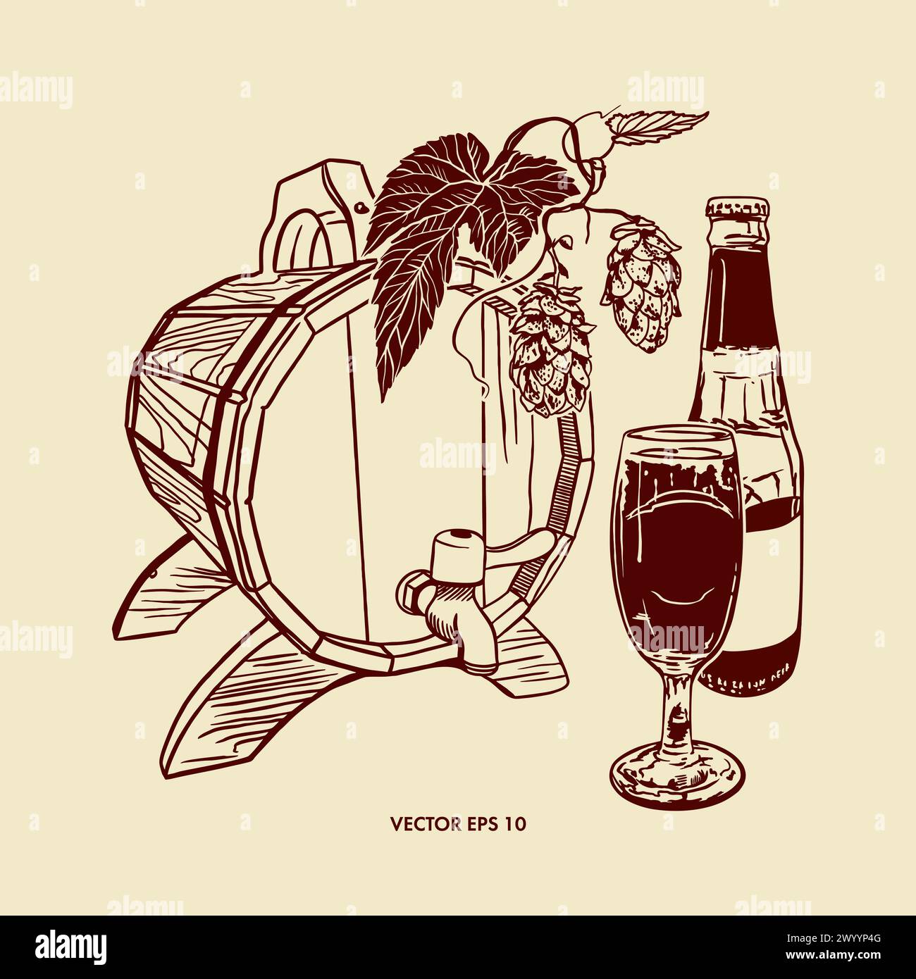 Beer, bottle, glass goblet, barrel, hop plant. Vector illustration in ...