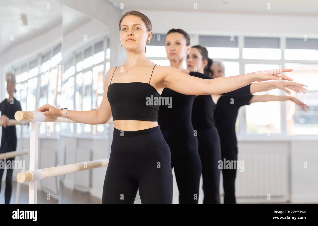 Girls in ballet class perform second position with participation of ...