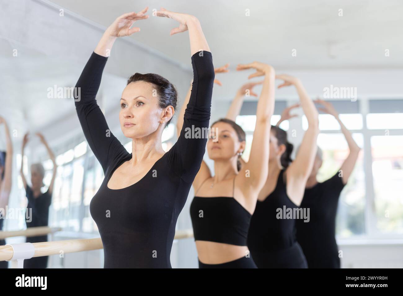 Girls in ballet class perform fifth position with participation of ...