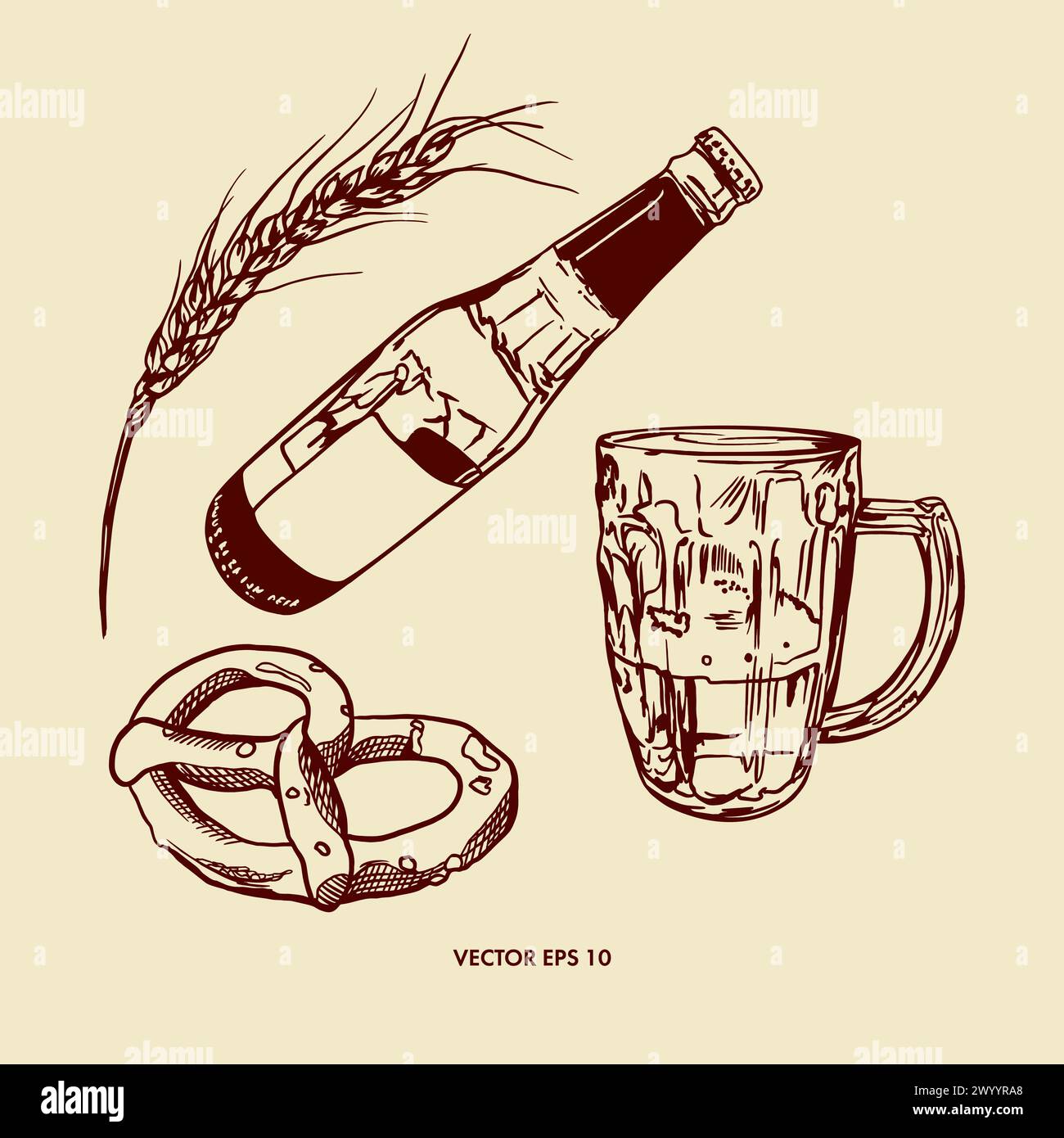 Beer, bottle, glass goblet, pretzel, wheat. Hand drawn vector ...
