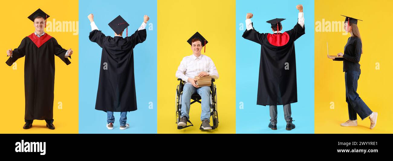 Group of graduating students on yellow and blue backgrounds Stock Photo ...