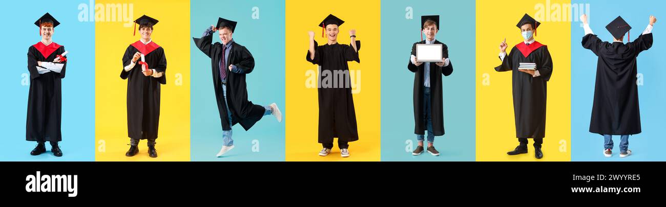 Set of male graduating students on yellow and blue backgrounds Stock ...