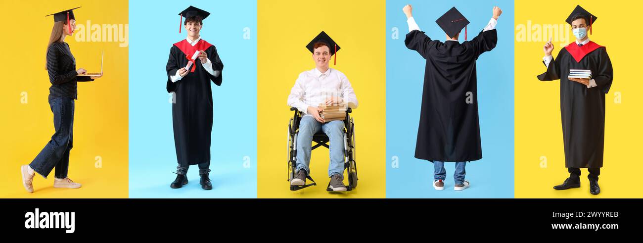 Collage of graduating students on yellow and blue backgrounds Stock ...