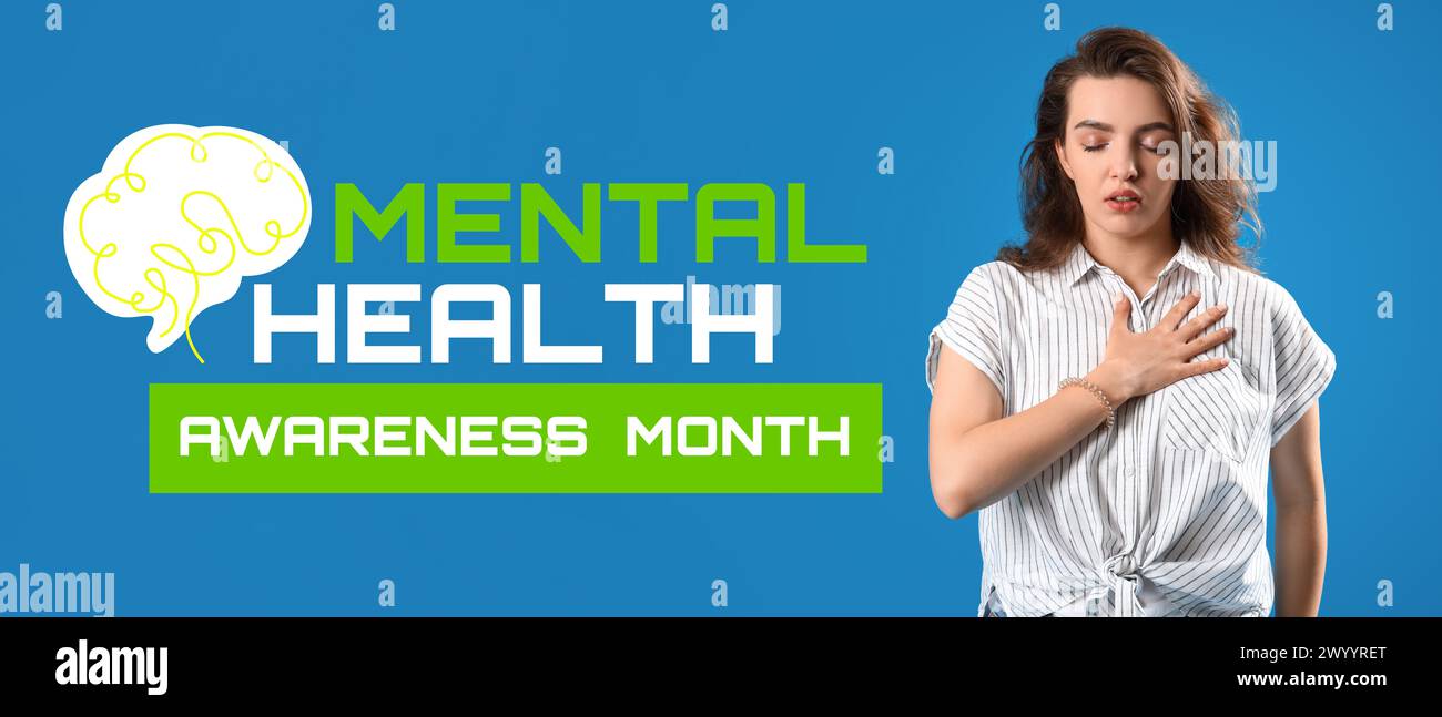 Young woman having panic attack on blue background. Banner for Mental ...