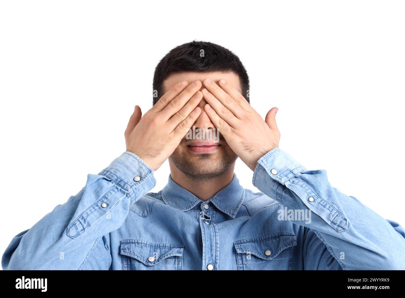 Young man closing eyes on white background, closeup Stock Photo - Alamy