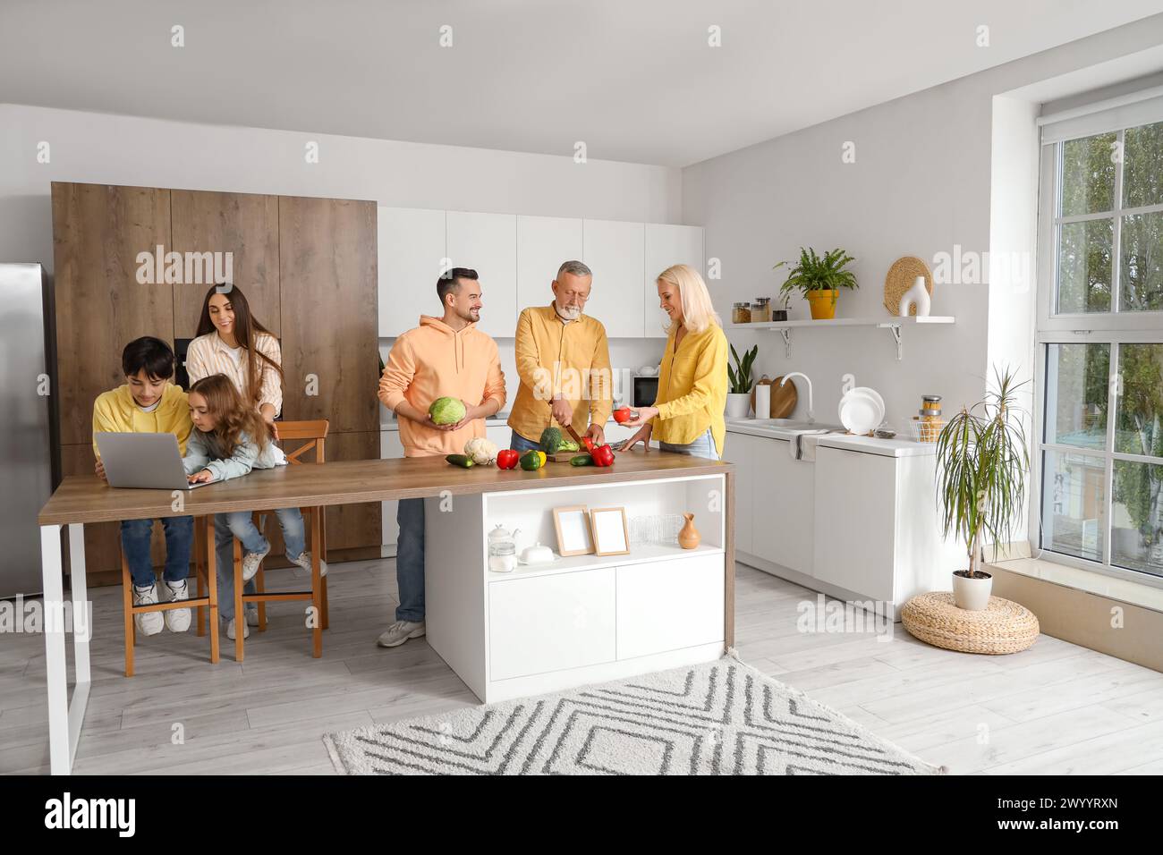 Big family cooking in kitchen Stock Photo - Alamy