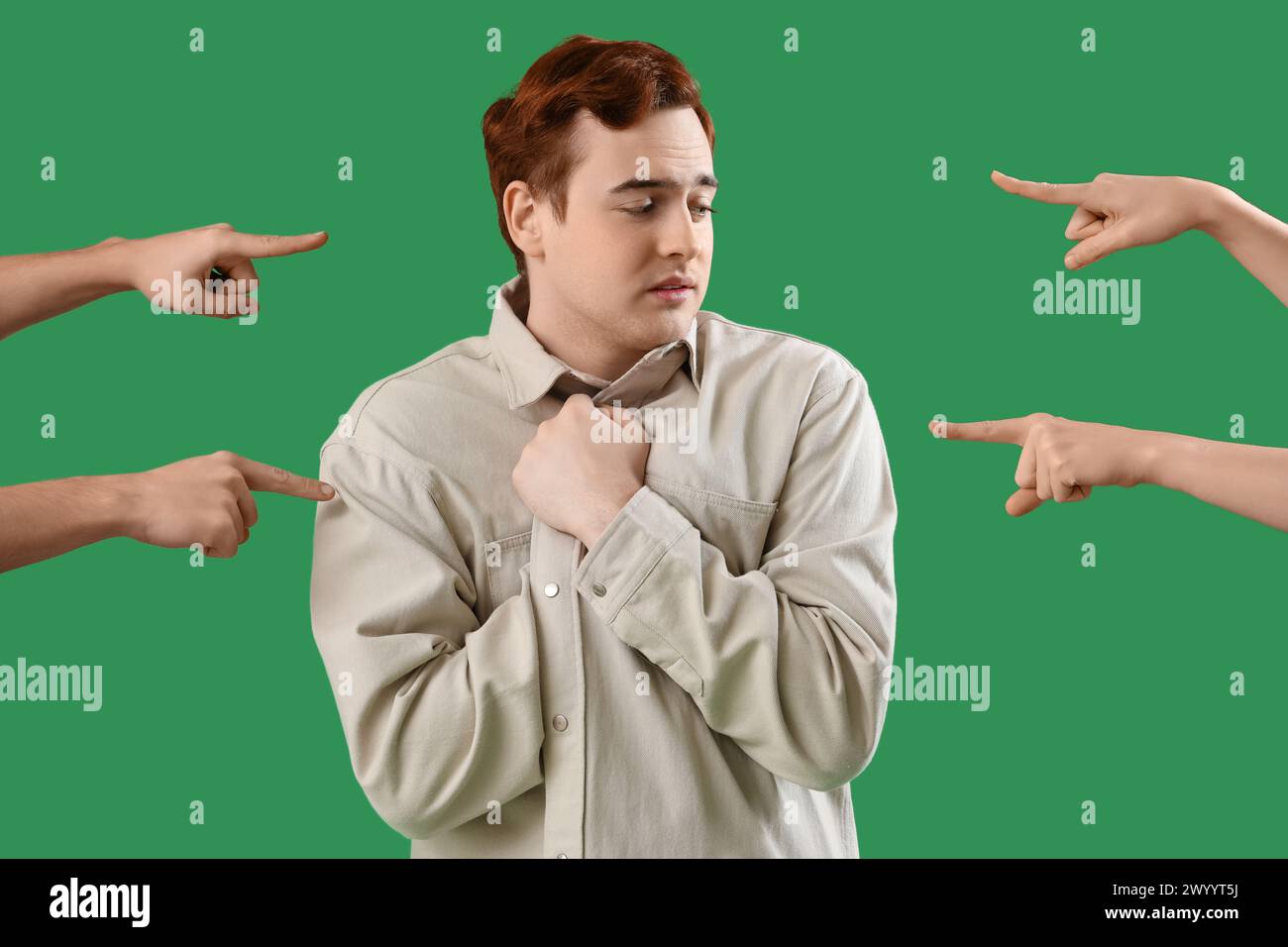 People pointing at shamed young man on green background. Accusation ...