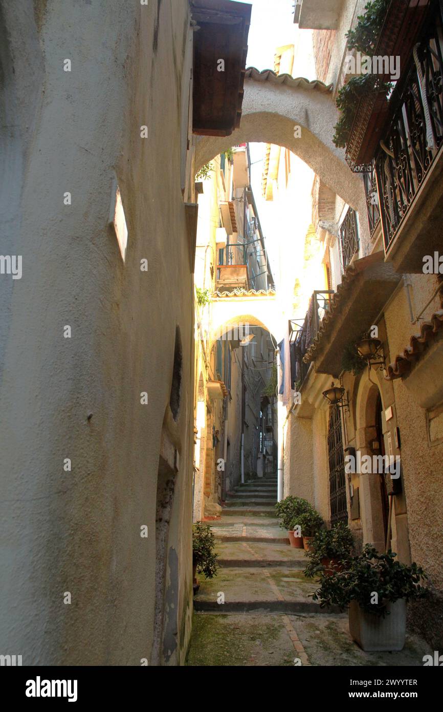 Narrow alleyway between old buildings in the historical center of ...