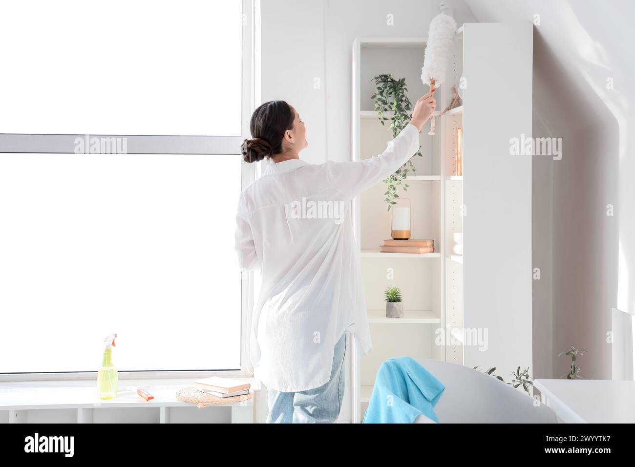 Young pregnant woman with pp-duster cleaning shelf at home Stock Photo ...