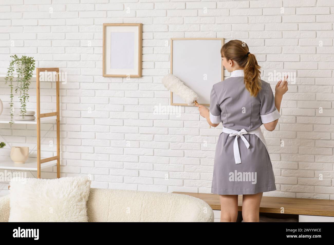Beautiful maid with hand duster cleaning frames in living room Stock Photo - Alamy