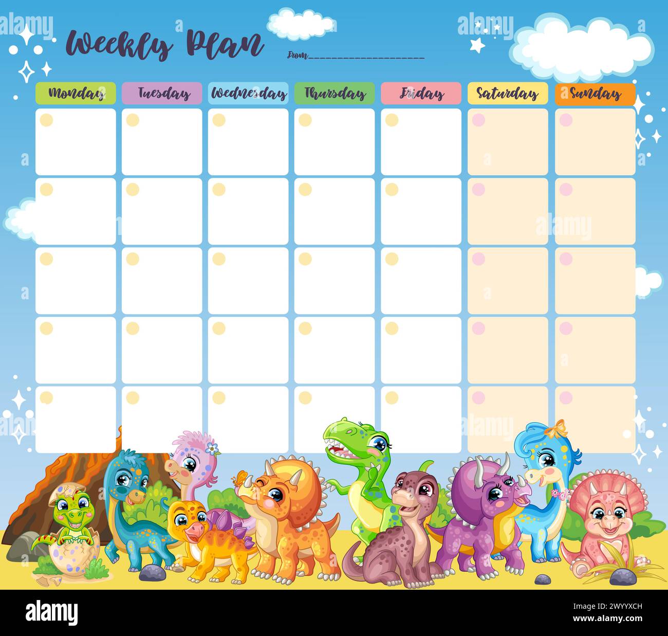 Kids school schedule weekly planner with cute dinosaurs vector Stock ...