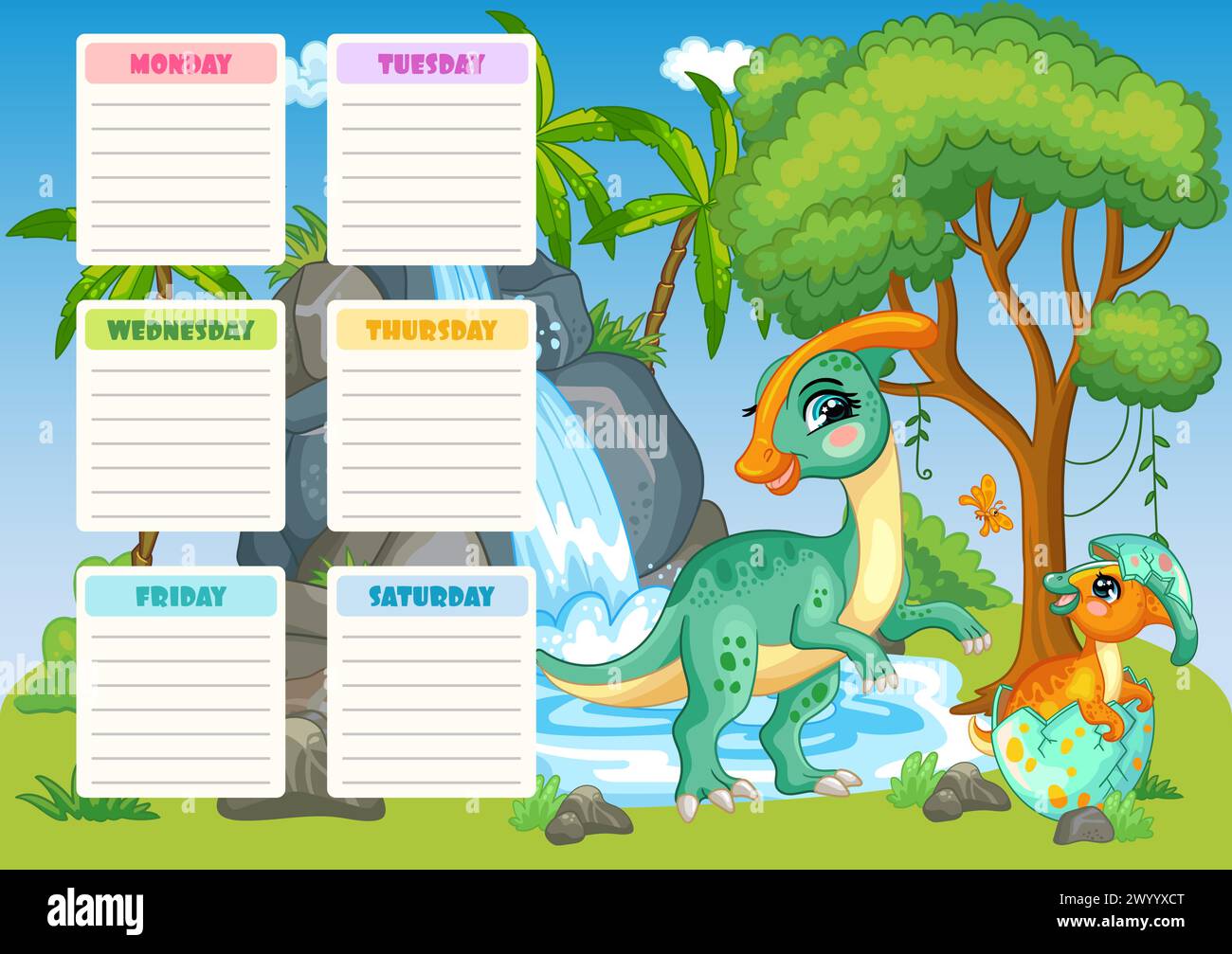 Kids school schedule weekly planner with two dinosaurs vector Stock ...